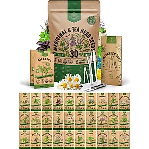 Organo Republic 30 Medicinal & Tea Herb Seeds Variety Pack 15,560+ Non-GMO Heirloom Garden Seeds for Indoor & Outdoors, Including Anise, Bergamot, Borage, Cilantro, Chamomile, Dandelion Seeds