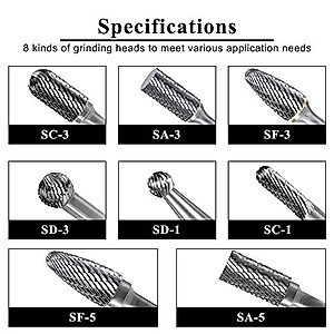 YUFUTOL Carbide Burr Set with 1/4''(6.35mm) Shank 8pcs Double Cut Solid Carbide Rotary Burr Set for Die Grinder Drill, Metal Wood Carving, Engraving,Polishing,Drilling