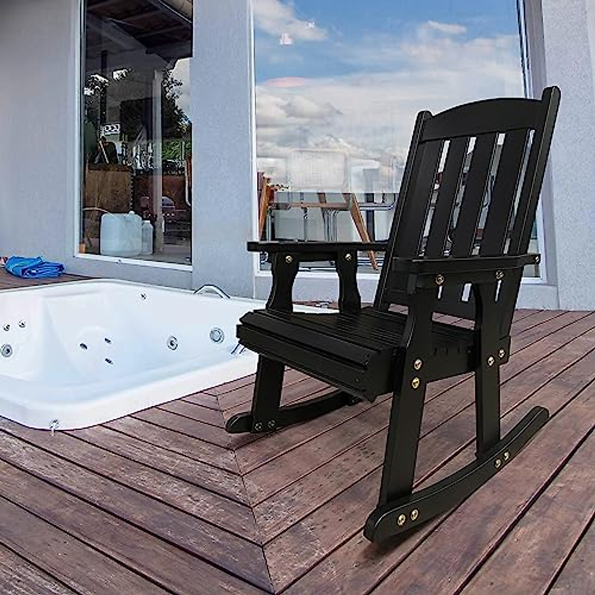 Wooden Rocking Chair with Comfortable Backrest Inclination, High Backrest and Deep Contoured Seat, Solid Fir Wood, Heavy Duty 600 LBS, for Both Outdoor and Indoor, Backyard, Porch and Patio (Black)