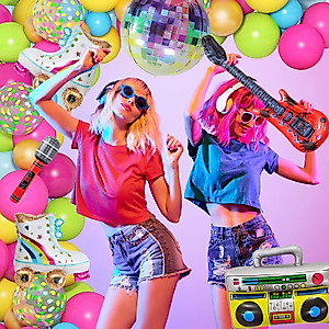 Amandir 90s 80s Theme Party Decorations, 90Pcs Balloon Arch Kit 6PCS Inflatable Retro Disco Ball Microphone Rainbow Roller Skate Boom Box Guitar Balloon for Back to 90s 80s Hip Hop Birthday Supplies
