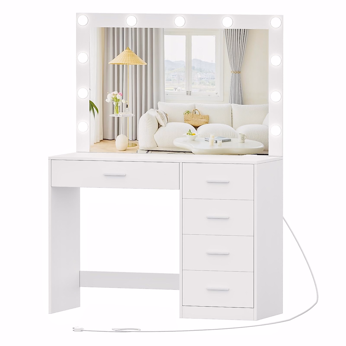 Irontar Vanity Desk with Charging Station, Makeup Table with Large Mirror, Makeup Vanity with Lights, Brightness Adjustable, Dressing Table Desk with 5 Drawers, Bedroom Vanity Table, White WDT010W