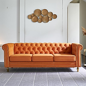 Homtique 84" Modern Sofa Couch for Living Room, 3 Seater Couch Comfy Velvet Sofa Button Tufted Rolled Arms and Gold Legs, Chesterfield Sofa for Home Studio/Office, Bedroom, Orange