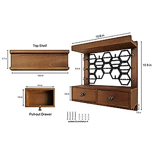 Wall Mounted Hanging Jewelry Organizer with 2 Big Storage Wooden Drawers + Honeycomb Earring Holder. Jewelry Stand with 2-layer Shelves +18 Necklace Hooks Display Bracelet, Ear Studs, Ring. Girl Gift