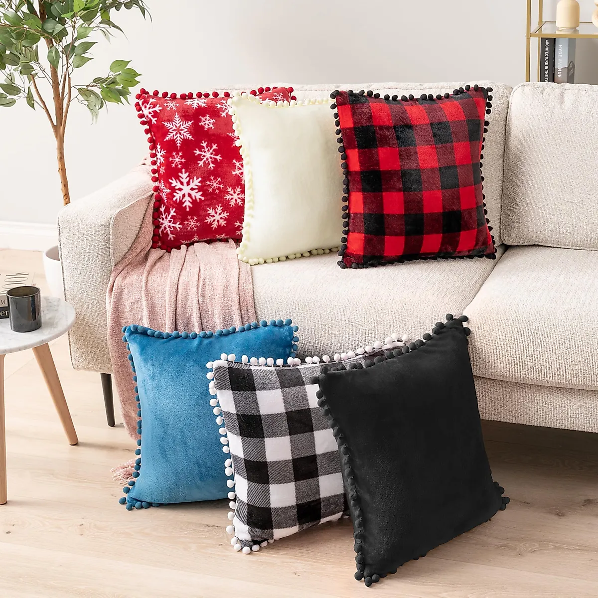 PAVILIA Black Throw Pillow Covers with Pom Pom 18x18 Set of 2, Decorative Pillow Cases for Bedroom Aesthetic, Small Throw Pillows Set for Bed, Velvet Euro Plush Cushion Covers for Sofa Couch