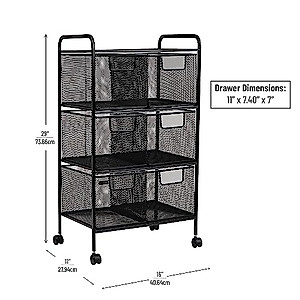 Mind Reader Cart with Drawers, Laundry Organizer, Utility Cart, Bathroom, Kitchen, Metal Mesh, 16"L x 11"W x 29"H, Black