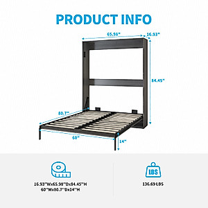 Mjkone Large Murphy Bed with 2 Side Cabinet, Folding Guest Wall Bed (Dark Grey