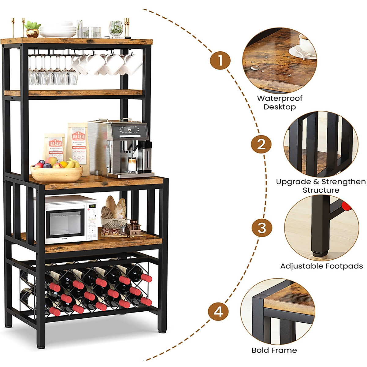 AWQM 5-Tier Kitchen Bakers Rack ,Industrial Wine Rack Table Microwave Stand, FreeStanding Wine Bar Rack,Coffee Bar Kitchen Storage Rack,Wine Cabinet Kitchen Hutch for Dining Room Living Room,Walnut