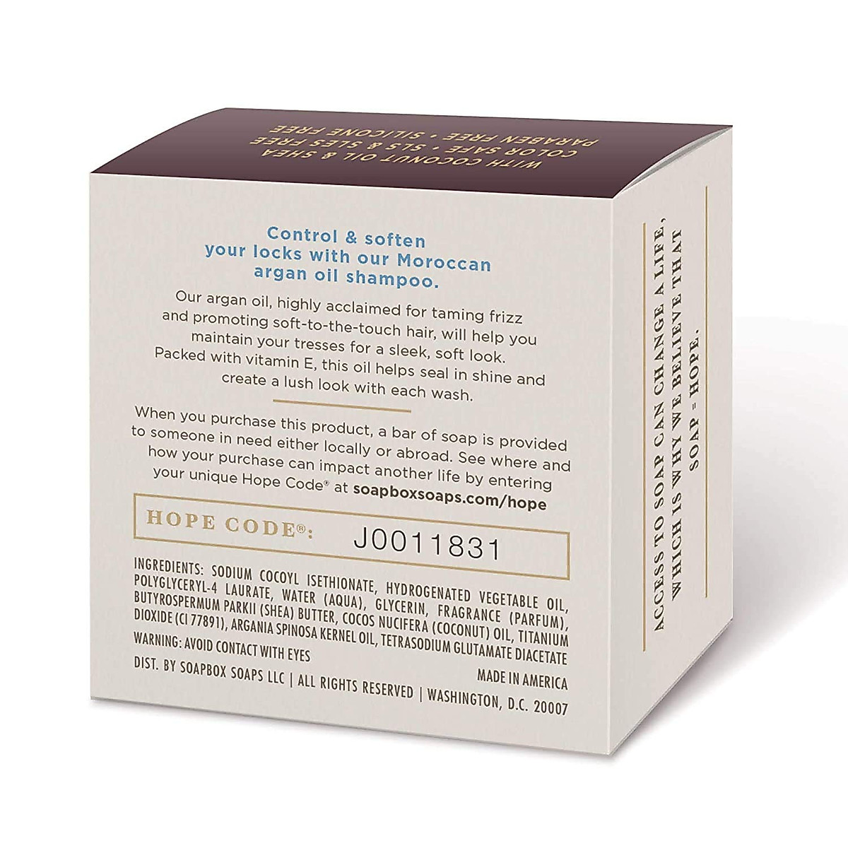 Soapbox Argan Oil Shampoo Bar for Frizzy Hair | Natural, Eco Friendly, Color Safe, Sulfate Free, Paraben Free, Silicone Free, Cruelty Free, and Vegan, 3.1oz, 1 Count