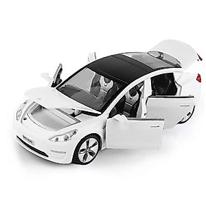 Car Model 3 1:32 Scale Alloy diecast Pull Back Electronic Toys with Lights and Sound, Mini Vehicles Toys for Kids Gift Tesla Car Lovers (White)