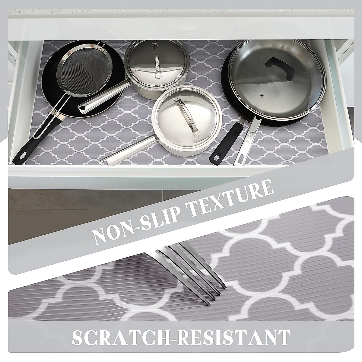 Glotoch Shelf Liners for Kitchen Cabinets 12” x 20FT-Non Adhesive Cabinet and Drawer Liner Roll for Fridge/Wire Shelf/Glass Shelves, Double Sided Non-Slip Durable and Strong, Quatrefoil Gray