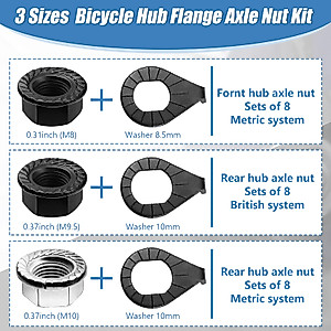 48 Pcs Bike Wheel Axle Nut and Safety Washer Kit 3 Sizes Bicycle Hub Flanged Hardware Nuts Steel Flange Axle Nut Wheel Retaining Bicycle Hook Hub Parts for Front and Rear Bike Wheel Mountain Road