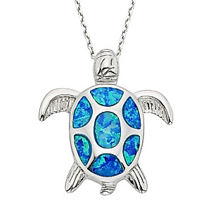 Beaux Bijoux 925 Sterling Silver Created Blue Opal Nautical Sea Turtle Pendant Necklace 18" Jewelry for Women