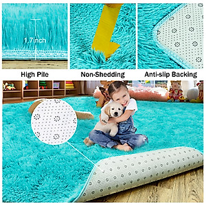 Super Soft Fluffy Rug for Living Room Bedroom, Modern Shaggy Rug Fuzzy Kids Rug for Living Room, Plush Indoor Nursery Classroom Home Decor Bedside Rug with Non-Slip Bottom, Teal Blue, 4 X 6 Feet