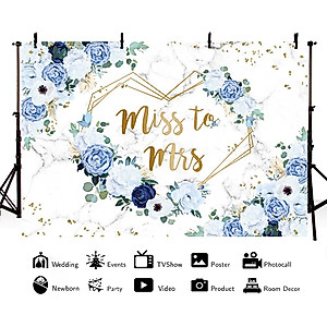AIBIIN 8x6ft Miss to Mrs Floral Backdrop for Bridal Shower Blue and White Flowers Photography Background Hearts Geometric Couple Wedding Party Decorations Bride to Be Engagement Banner Props