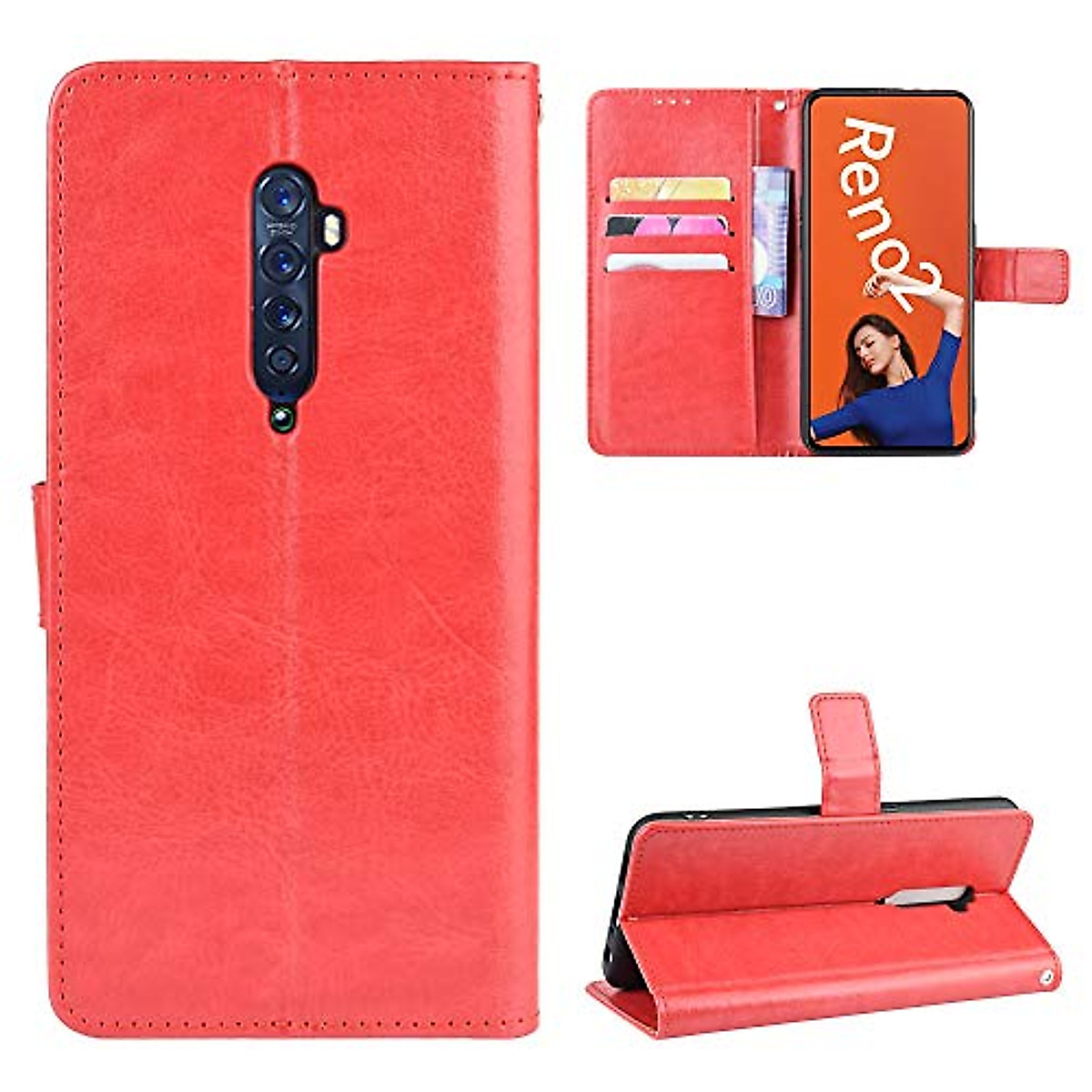 Leather Case for Oppo Reno2, Wallet Case for Oppo Reno2 Flip PU Leather Cover, Magnetic Buckle Protection Phone Cover for Oppo Reno2 Case Red