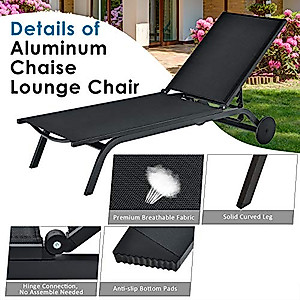 Tangkula Outdoor Aluminum Chaise Lounge, Patio Lounge Recliner Chair w/6 Adjustable Backrest, Reclining Chaise Chair with Wheels for Beach, Yard, Balcony, Poolside (2, Black)
