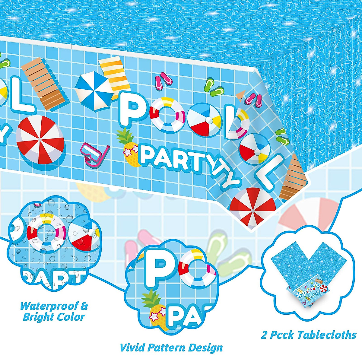 98 Pieces Pool Party Decorations Summer Beach Birthday Party Tablecloths Pool Surfboard Party Tableware Sets for Hawaiian Birthday Baby Shower Party Supplies Favors