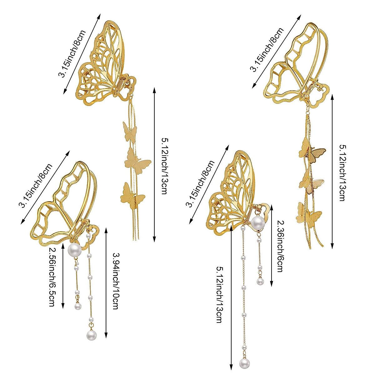 4 PACK Metal Big Gold Butterfly Hair Clips Clamp Tassel Nonslip Claw Hair Accessories for Women Girls for Thinner Thick Styling Fashion Hair Supplies