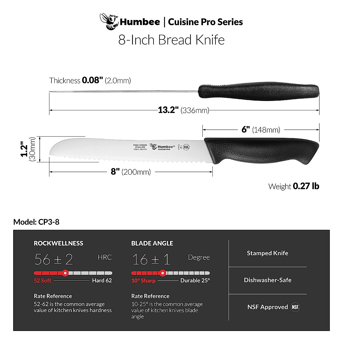 Humbee Cusine Pro, 8 inch Bread Knife, Serrated Knife Wave Razor-Sharp Blade Comfortable Grip Dishwasher Safe, NSF Certified, Black