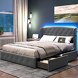 LINSY Upholstered Queen Bed Frame with 4 Drawers, RGB Lights, Fast Charger and Headboard - No Box Spring Needed, Dark Grey