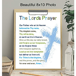 Lords Prayer Bible Verse Wall Art - Religious Scripture Boys Room Decor - Christian Gifts for Toddler or Baby Boys Bedroom, Son - Blessed Church Sunday School Kids Decorations - Cross Picture Poster