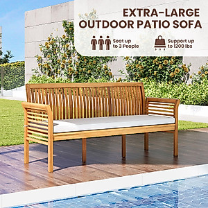 RELAX4LIFE 62.5’’ Outdoor Bench Acacia Wood - 3-Person Patio Bench w/Backrest, Armrests & Removable Seat Cushion, Slatted Wooden Garden Bench for Front Porch Park Backyard, 1200 LBS Weight Capacity