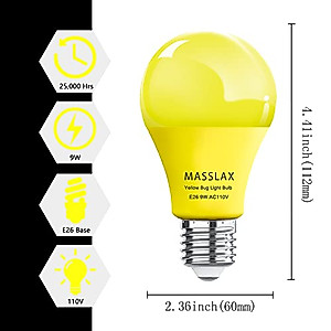 MASSLAX 4 Pack Amber Yellow LED Bug Light Bulbs Outdoor,Dimmable 9W Replace to 100W Bug Lights, E26 Base LED Bug Lights for Outside Porch Light, Decorative Lighting Bulbs, Bedroom Night Light Bulb