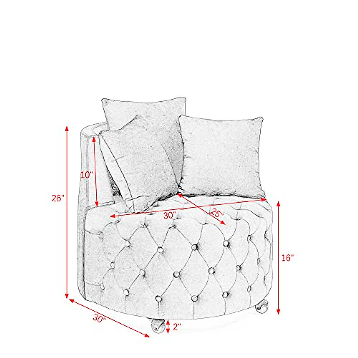 LKTART Velvet Upholstered Swivel Chair Sofa Chair with Wheels with Button Tufted Design and Movable WheelsIncluding 3 Pillows for Bedroom Reception Room Living Room Black