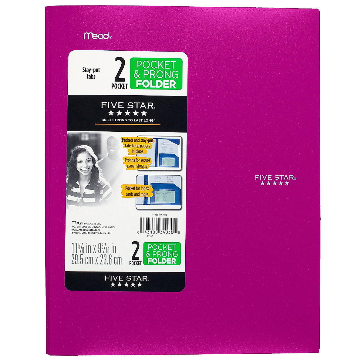 Five Star 2-Pocket Folder, Stay-Put Folder, Plastic Colored Folders with Pockets & Prong Fasteners for 3-Ring Binders, For Home School Supplies & Home Office, 11” x 8-1/2”, Pink/Purple (72117)