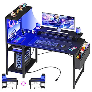 Homieasy Gaming Desk with Power Outlets & Pegboard & Led Light, 43 Inch Computer Desk with Reversible Storage Shelves & Side Storage Bag, PC Gamer Desk with Hutch & Monitor Stand, Carbon Fiber Black