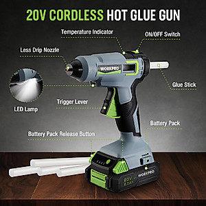 WORKPRO 20V Cordless Hot Melt Glue Gun Kit, 2.0 Ah Li-ion Battery Powered Rechargeable Full Size Hot Glue Gun, 45S Fast Preheating, Heavy Duty Wireless Glue Gun with 12 Pcs Glue Sticks for DIY & Craft