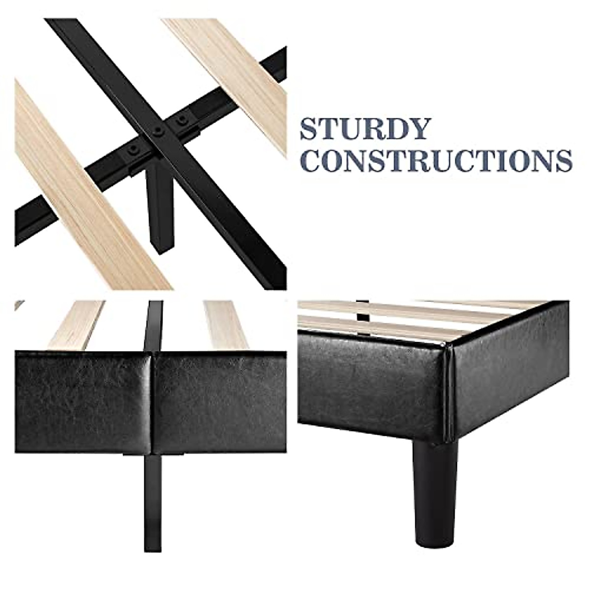 Allewie Queen Bed Frame with Adjustable Diamond Stitched Button Tufted Headboard/Faux Leather Upholstered Platform Bed with Easy-Assembly Wood slats, Black