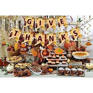34 Pieces Thanksgiving Party Decorations Set - Fall GIVE THANKS Banner Autumn Theme Hanging Swirls Honeycomb Paper Balloons Maple Leaves Confetti Decor Supplies Cutouts