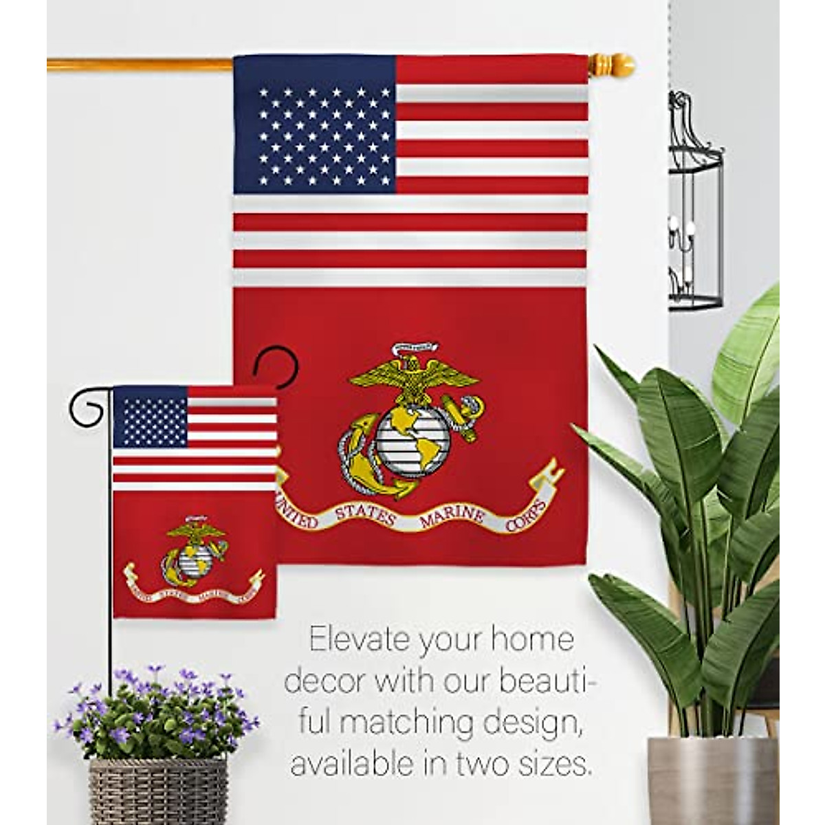 US Marine Corps Garden Flag - Set Wall Holder Armed Forces USMC Semper Fi United State American Military Veteran Retire Official - House Banner Small Yard Gift Double-Sided Made in USA 13 X 18.5