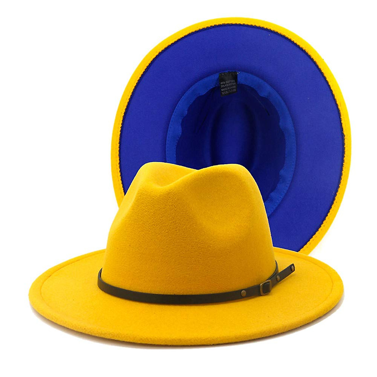 Gossifan Womens Wide Brim Panama Hat Patchwork Colors Classic Buckle Fedora Yellow/Royal Blue