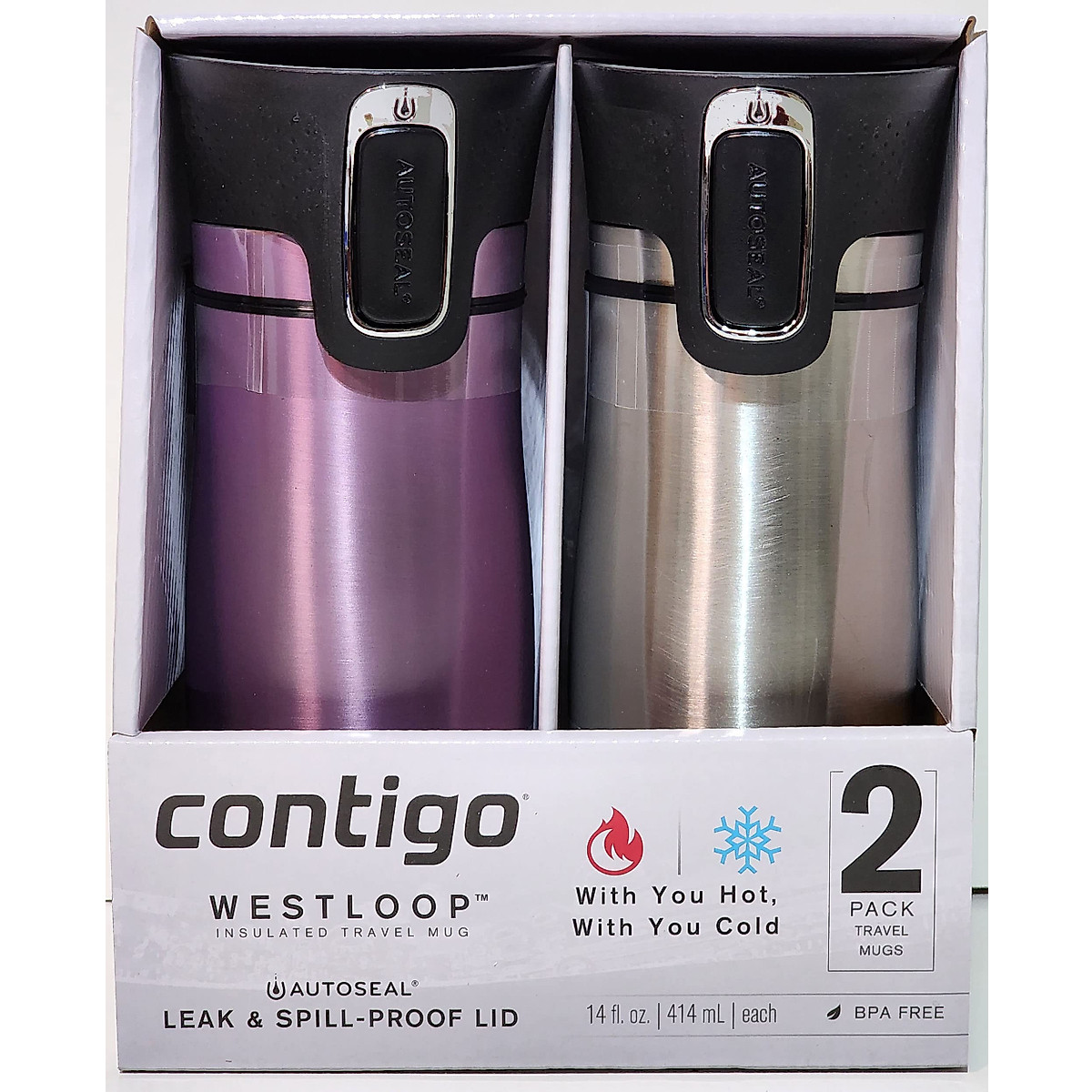 Contigo West Loop Spill-Proof Travel Mug, 14 Oz, 2 pk. Vervain and Stainless Steel.