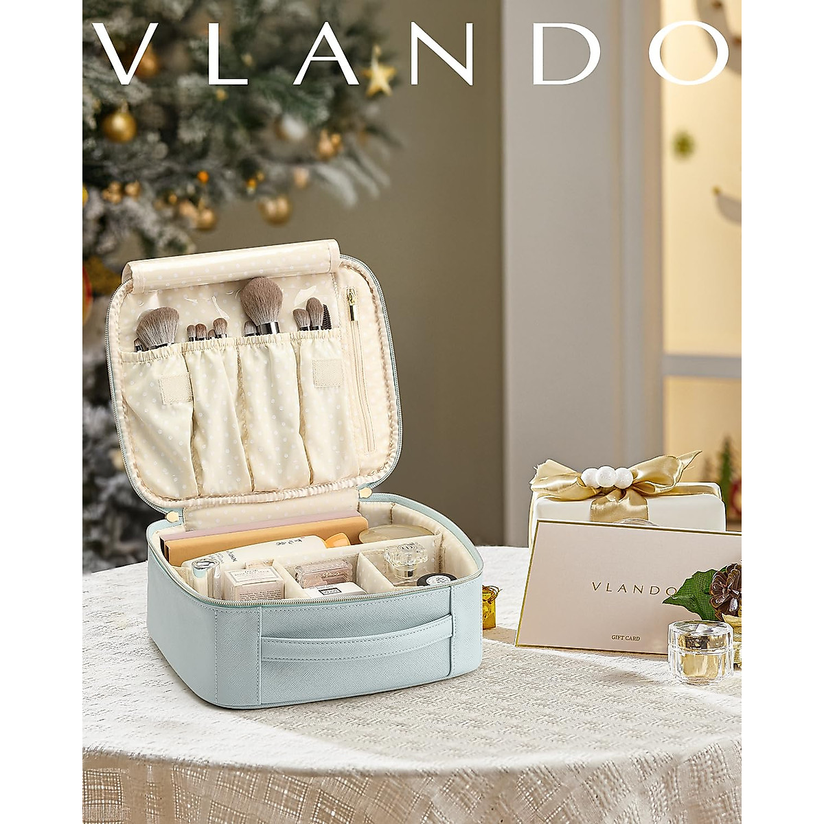 Vlando Makeup Bag, Travel Makeup Bags,Large Portable Make Up Bag Organzier with Dividers and Handle Gifts for Women Girls,Traveler,Christmas,Wedding Blue