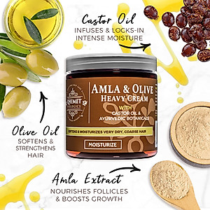 Qhemet Biologics Amla & Olive Heavy Cream - Moisturizing Balm for Extremely Dry & 4C Hair - Adds Soft, Supple Moisture & Hydration to Afros, Coils, Curls, Puffs, Twists, Braids, Locs & More (8.9 oz)