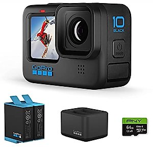 GoPro HERO10 Black Bundle + Dual Battery Charger + 1 Extra Battery + 64GB SD Card - E-Commerce Packaging - Waterproof Action Camera with Front LCD & Touch Rear Screens, 5.3K60 Ultra HD Video (Renewed)