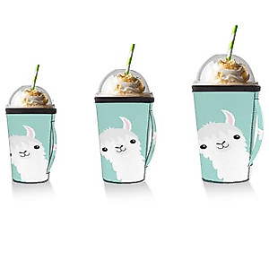 Reusable Iced Coffee Cup Sleeve Kawaii Llama Animal Neoprene Insulated Sleeves Cup Holder with Handle Tumbler Sleeve Insulator Sleeves for Cold Hot Drinks Beverages 32oz