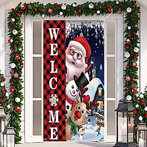 Christmas Door Cover Decoration, Christmas Snowman Santa Claus Snowflake Merry Christmas Door Cover, Winter Snowman Backdrop Background Banner For Front Door Porch Xmas Party Decor Supplies36X70IN