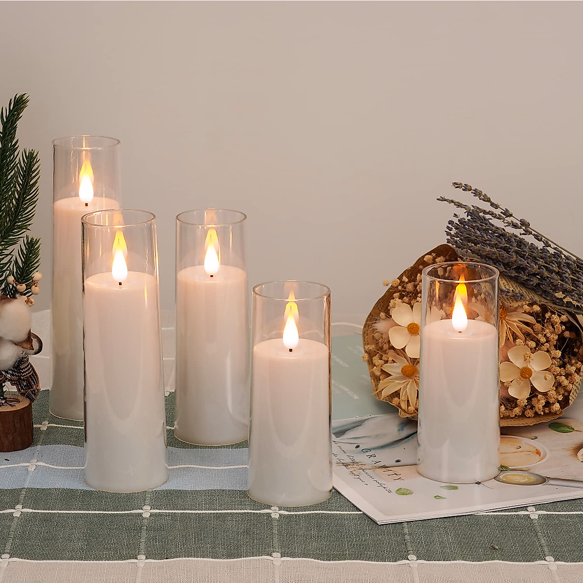 Amagic Pure White Flameless Candles, Battery Operated Candles, Flickering LED Pillar Candles with Remote Control and Timer, 3D Wick, Yellow and Blue Glow, Set of 5