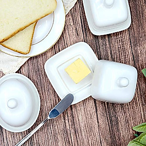 NAGU Mini Square Butter Dish with Lid, White Procelain Domed Cheese Dish with Handle Individual Serving Small Butter Tray, Cute Ceramic Dessert Serving Bowl for Table, Countertop, Refrigerator