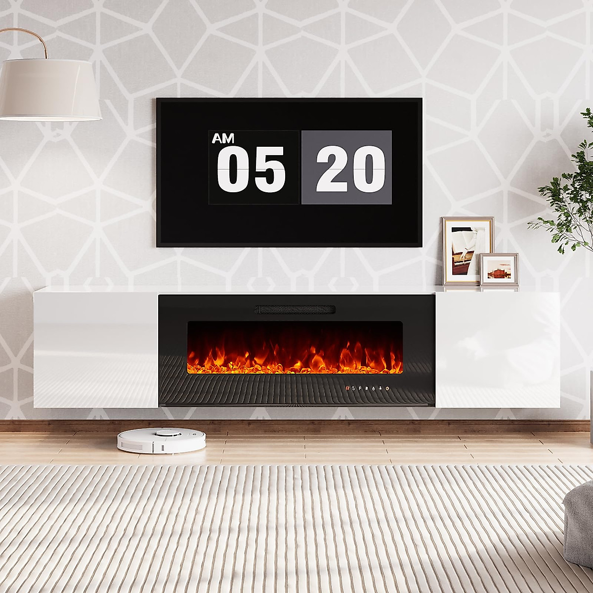 AMERLIFE Floating Fireplace TV Stand, Wall Mounted Mirrored Entertainment Center with 40" Electric Fireplace, Modern LED Lights Media Console for TVs Up to 90", White