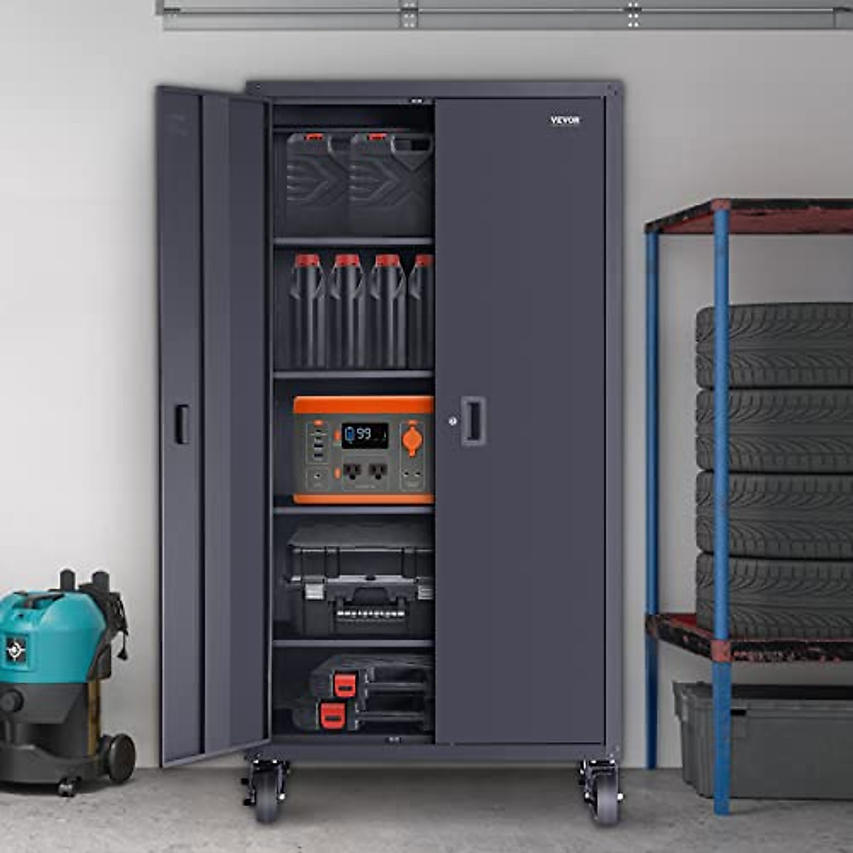 VEVOR Metal Storage Wheels, 200 lbs Load Capacity per Shelf 72'' Tall Powder-Coating Steel Cabinet with 4 Adjustable Shelves, Magnet Doors & Lock, Perfect for Office Home Garage, Black