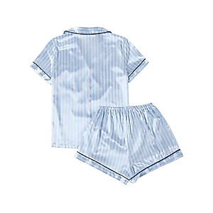 LYANER Women's Striped Silky Satin Pajamas Short Sleeve Top with Shorts Sleepwear PJ Set Light Blue Small