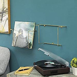 MyGift Modern Brass Plated Metal Wire Wall Mounted Vinyl LP Record Storage Holder, Album Display Rack, Set of 2