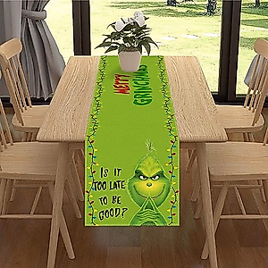 Linen Grinch Christmas Table Runner 72 Inches Long Grinch Decor Green Whoville Christmas Xmas Winter Holiday Home Kitchen Dinging Room Table Decorations