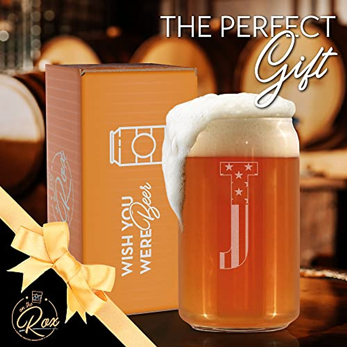 Monogram Beer Glasses for Men (A-Z) 16 oz - Beer Gifts for Men Brother Son Dad Neighbor - Unique Christmas Gifts for Him - Personalized Drinking Gift Beer Glass Mugs - Engraved Beer Can Glass (J)