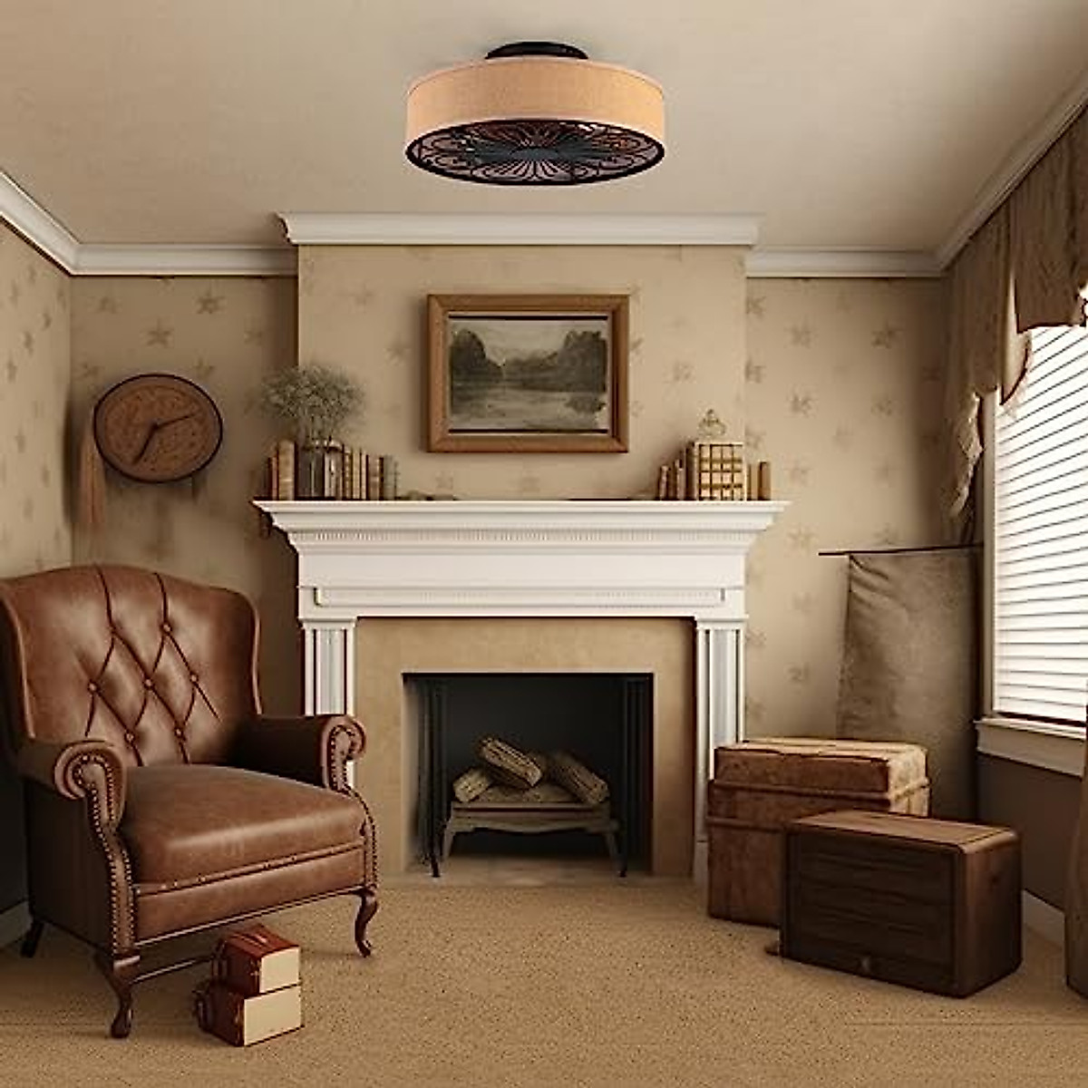 HUOGME 20" Caged Ceiling Fan with Light : Low Profile Fabric Farmhouse Remote Control Flush Mount Enclosed Ceiling Fan with Light for Bedroom Living Room Kitchen Indoor (Ginger)